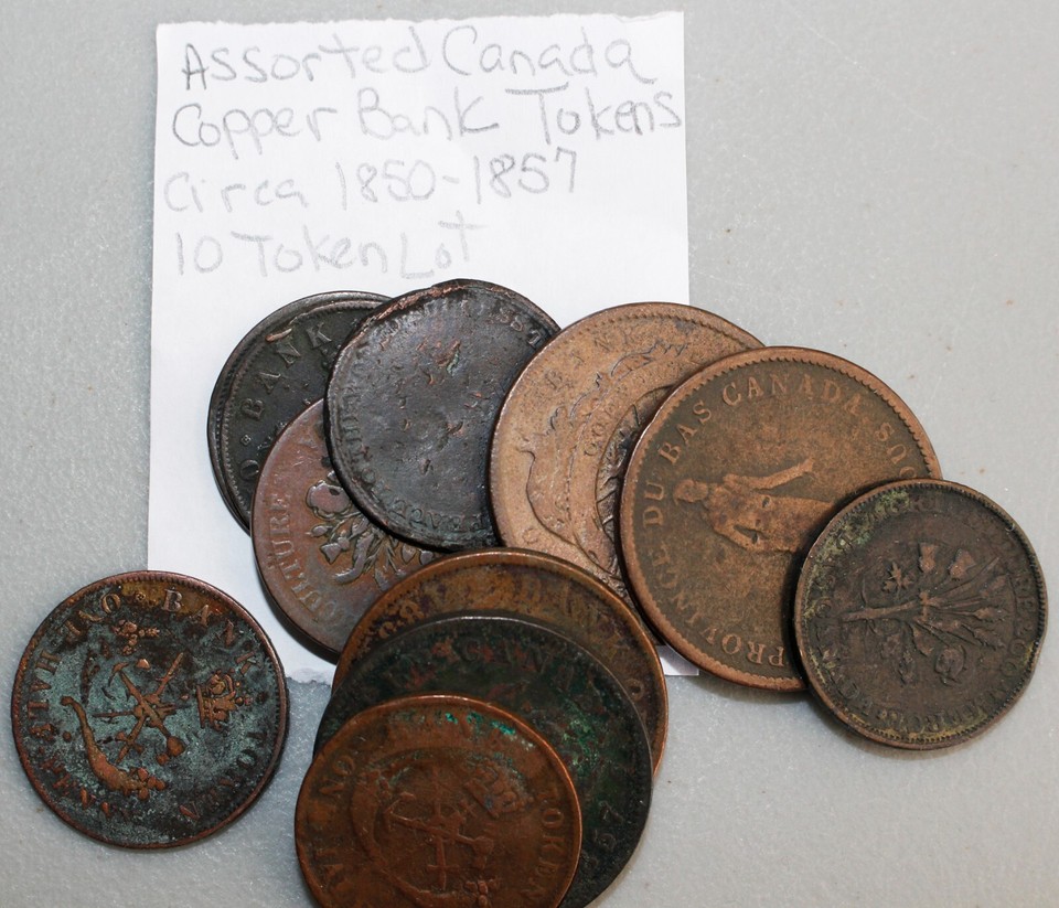 10 Assorted Canadian Bank Tokens Cull & Circulated Circa 1850-1857 1/2 ...