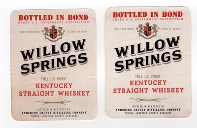 Willow Springs Anderson County Distilling Co Tyrone Kentucky 2 whiskey ...
