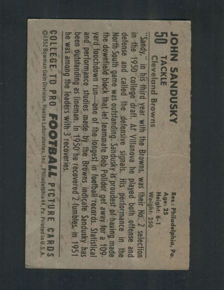 1952 Bowman Large #50 John Sandusky EX+ RC Rookie Browns 99895 | eBay