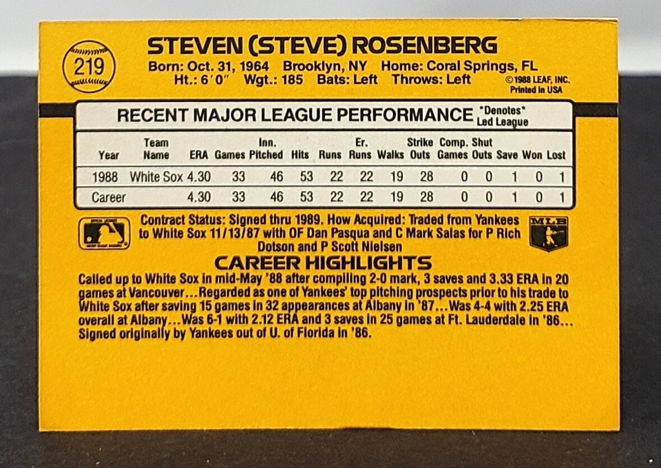 STEVE ROSENBERG Signed 1989 Donruss Baseball Card #219 Chicago White ...