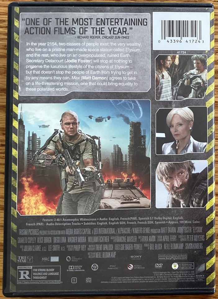 Elysium DVD with Matt Damon, Jodie Foster, Sharlto Copley, Alice Braga ...