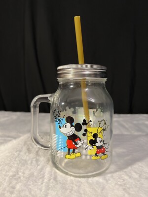 NEW Disney’s Classic Mickey Mouse Glass Mug With Lid & Straw (Mason Jar ...