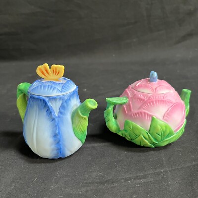 2 Vintage 1995 AVON Mini Ceramic Tea Pots , Blue Tulip-Pink peony | eBay