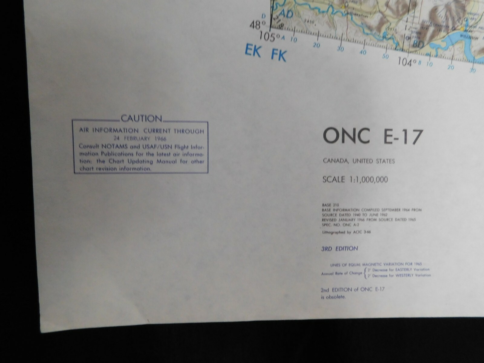 1966 USAF Map ONC-E17 US Navigation Chart- Canada US Winnipeg- approx ...