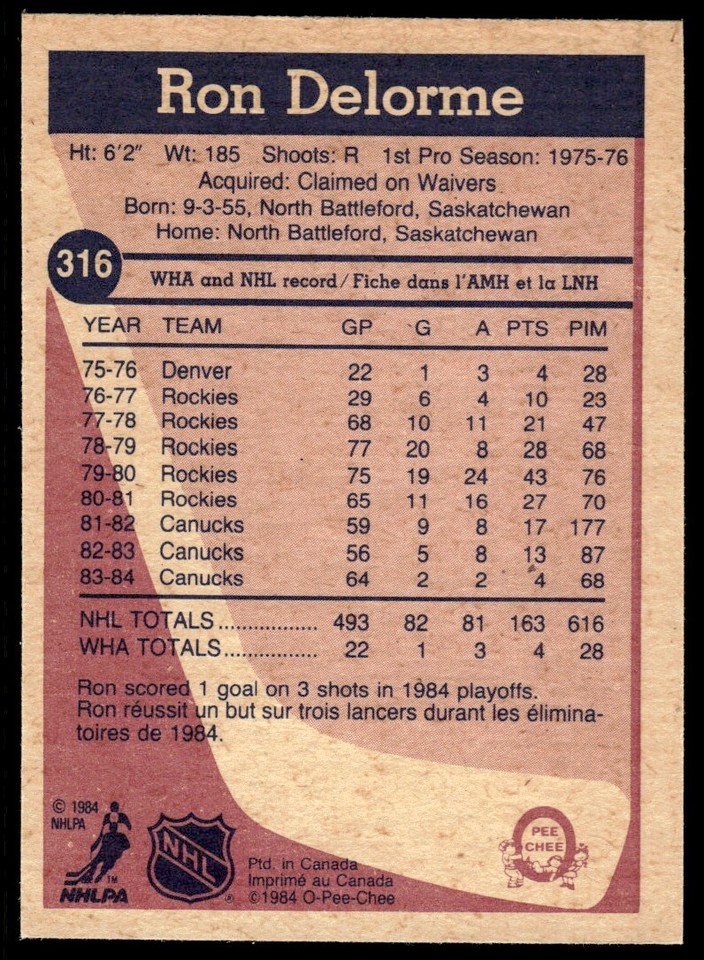 1984-85 O-Pee-Chee Ron Delorme Vancouver Canucks #316 | eBay