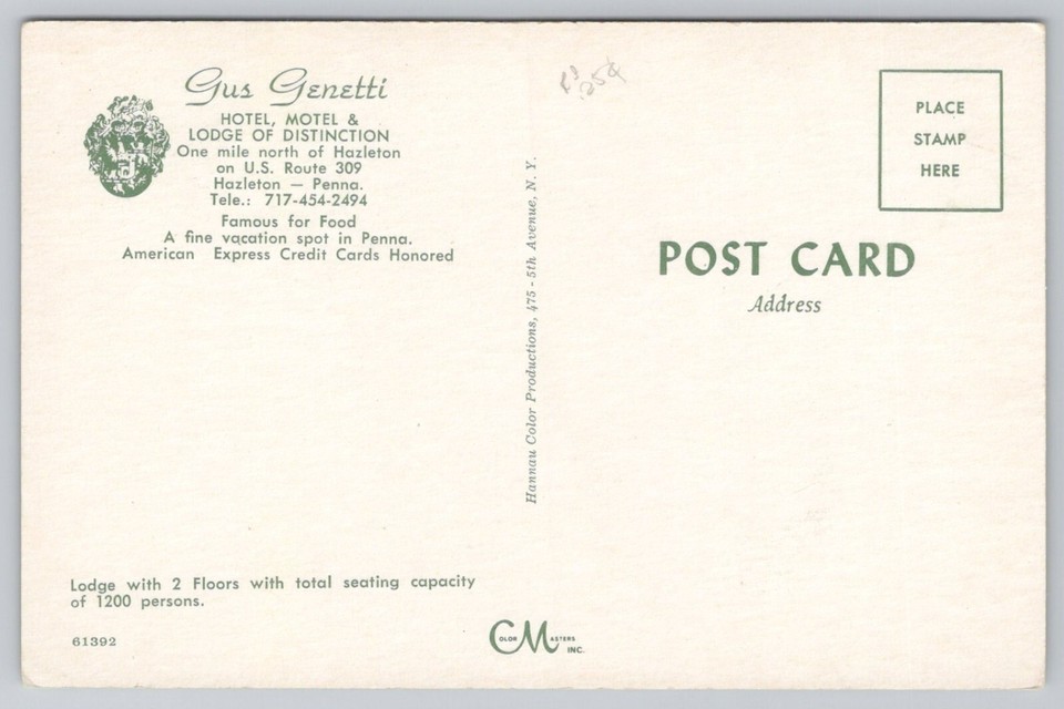 Postcard Gus Genetti Hotel Motel Hazleton Pennsylvania | eBay