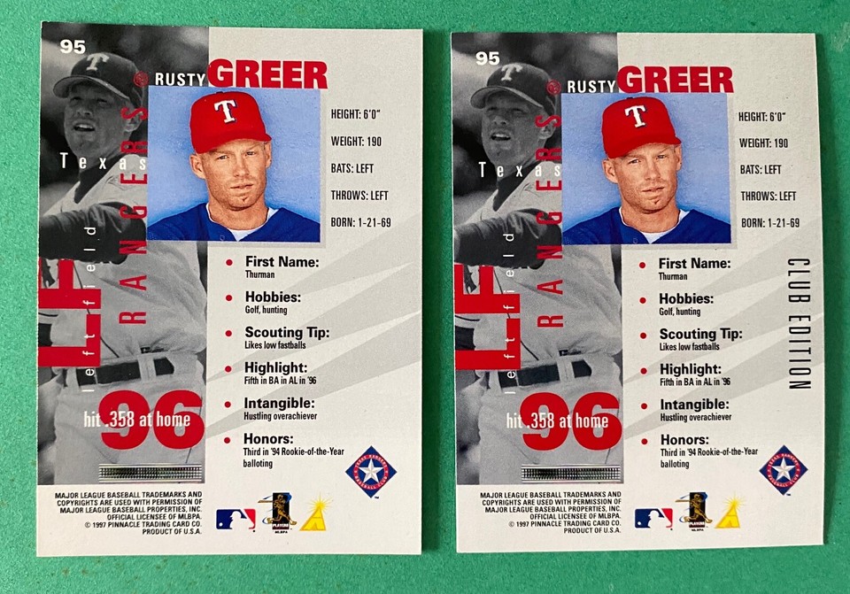 1997 Pinnacle Inside FOIL Club Edition RUSTY GREER Rangers #95 + base ...