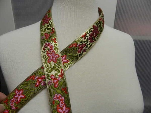1.25" W. Metallic Gold/Pink/Sage Green Jacquard Woven Ribbon Trim~2 yds ...