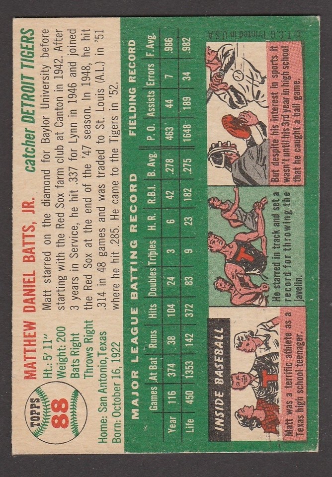 1954 TOPPS BASEBALL # 88 MATT BATTS INV J2821 | eBay