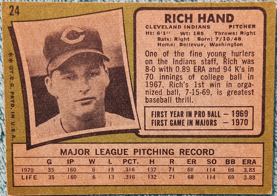 Rich Hand Cleveland Indians 1971 Topps Baseball Card #24 Vg | eBay