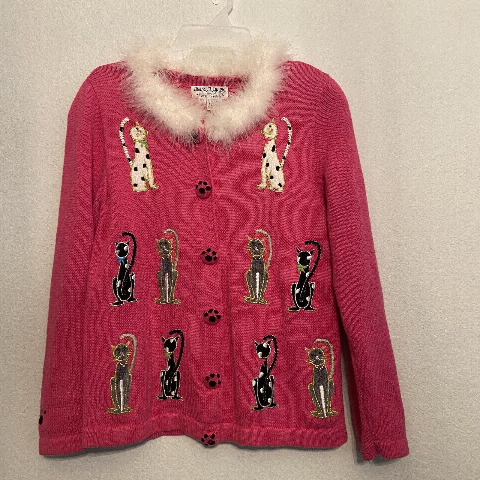 Jack B Quick Kitty Cat Cardigan Sweater Sz PS Petite M Beaded Maribou ...
