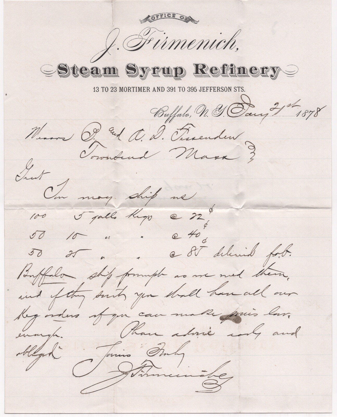 1878 J FIRMENICH STEAM SYRUP REFINERY BUFFALO NY LETTERHEAD TOWNSEND MA ...