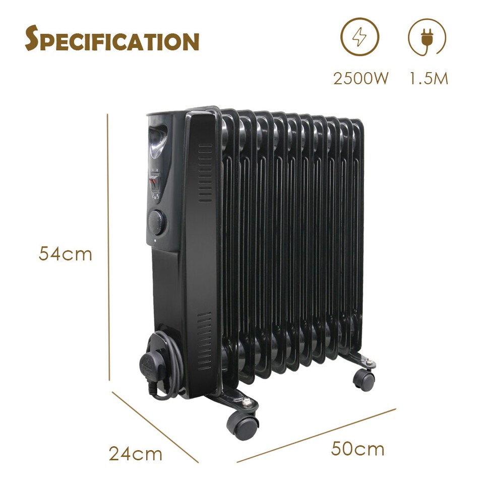 11 Fin Oil Filled Radiator 240V 2500W Electric Portable Heater 3 Heat ...