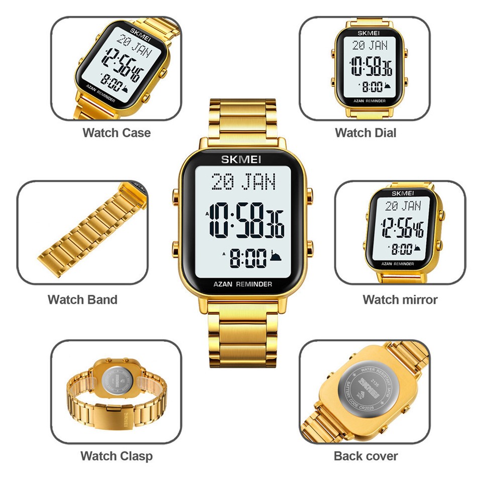 SKMEI Men Square Watch Qibla Compass Wristwatch Muslim Azan Prayer ...