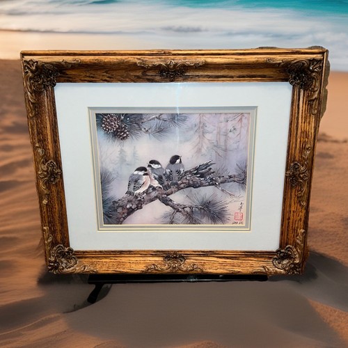 Lena Liu Signed Framed# 1624/2000 LTD. Edition 3 Chickadees Pine Branch ...