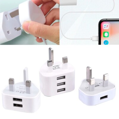 UK 3 Pin Dual USB Plug Adapter Mains Wall Charger 1/2/3-Port For Phones ...