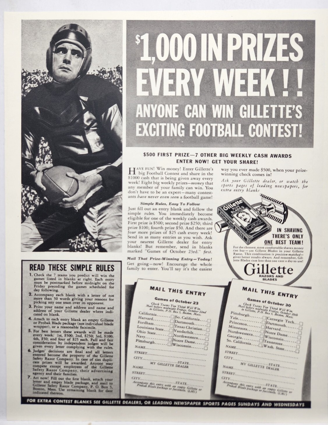 1937 Gillette Razor Blade College Football Contest Print Ad Man Cave ...
