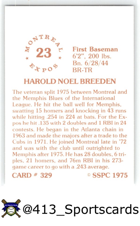 1975 SSPC Harold Breeden Montreal Expos #329 | eBay