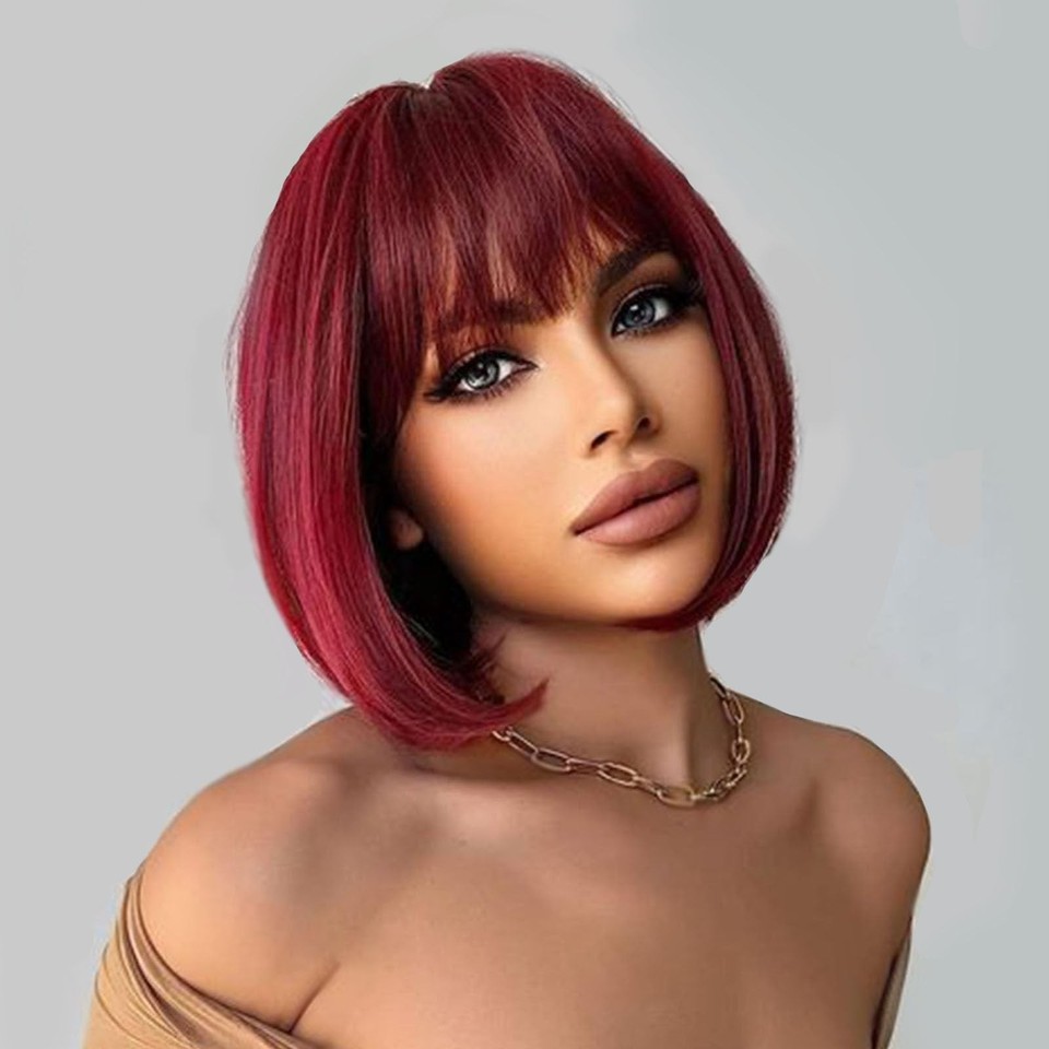 Wine Red Bob Wig With Bangs 12 Inch Burgundy Wig Short Synthetic Fiber ...