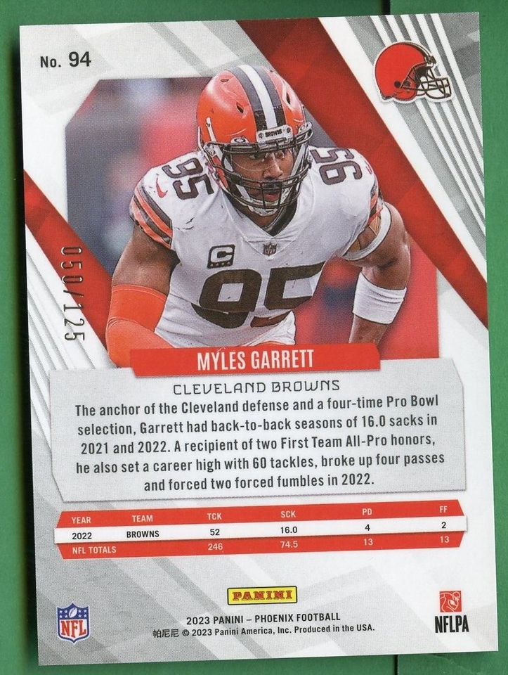 MYLES GARRETT 2023 PHOENIX FOOTBALL TEAL PRIZM PARALLEL /125 CLEVELAND ...