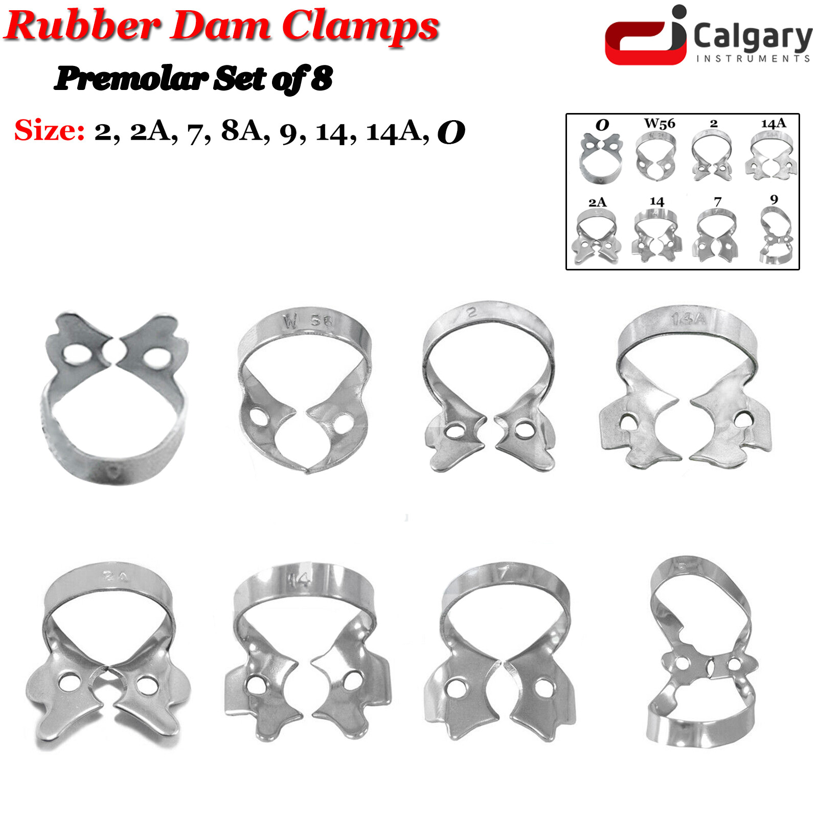 Set of 8 Rubber Dam Clamps 0, 2, 2A, 7, 8A, 9, 14, 14A Lower Upper ...