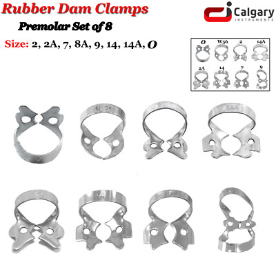 Set of 8 Rubber Dam Clamps 0, 2, 2A, 7, 8A, 9, 14, 14A Lower Upper ...