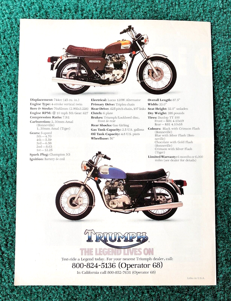 ORIGINAL 1978 TRIUMPH MOTORCYCLE MAGAZINE AD SECTION T140V BONNEVILLE ...