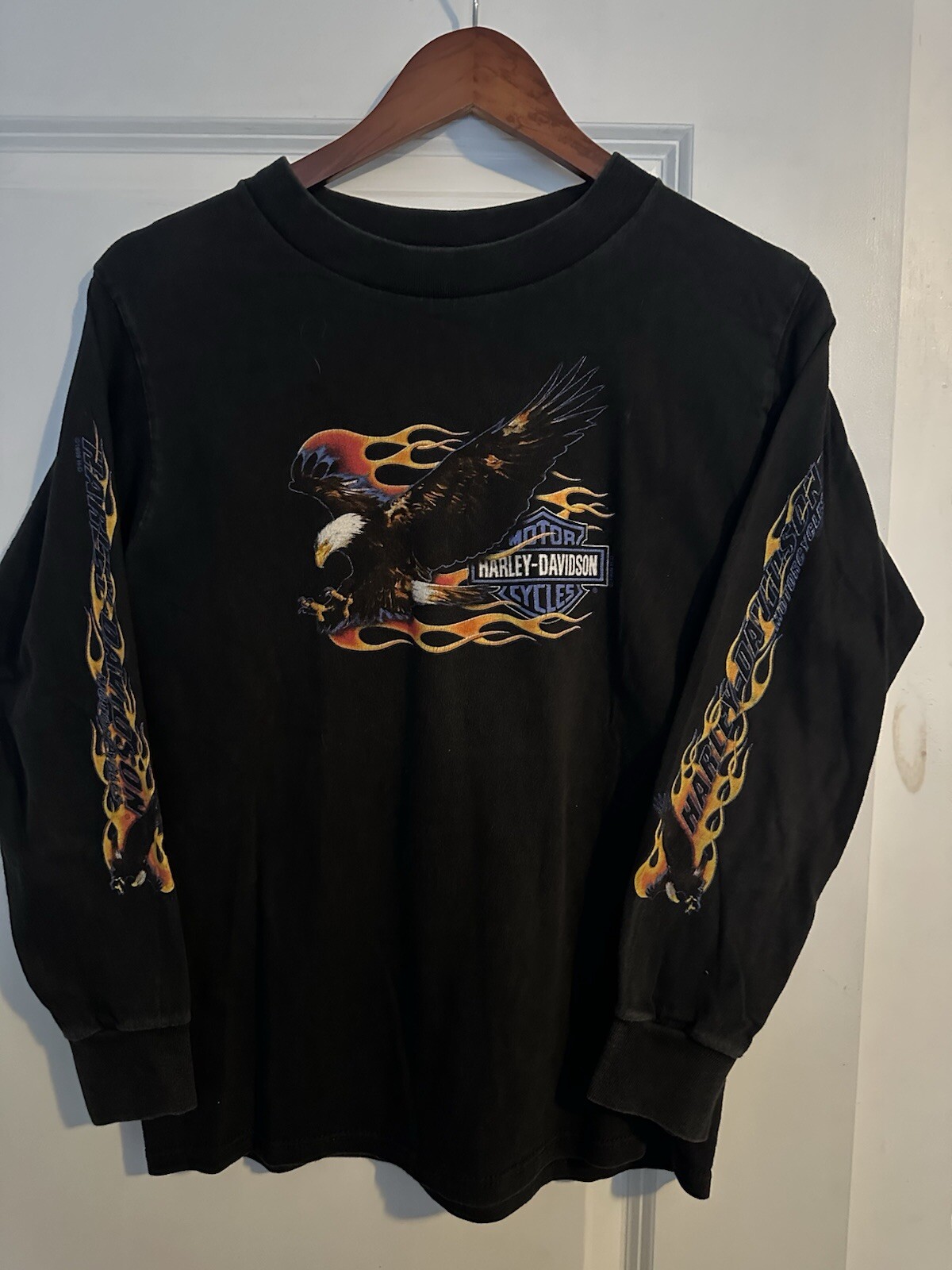Vintage 90s Harley Davidson Flames Black Long Sleeve … - Gem