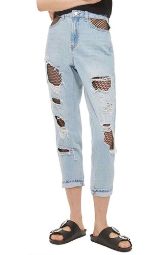 Topshop L28122 Woman's High Rise Fishnet Rip Light Wash Blue Mom Jeans ...