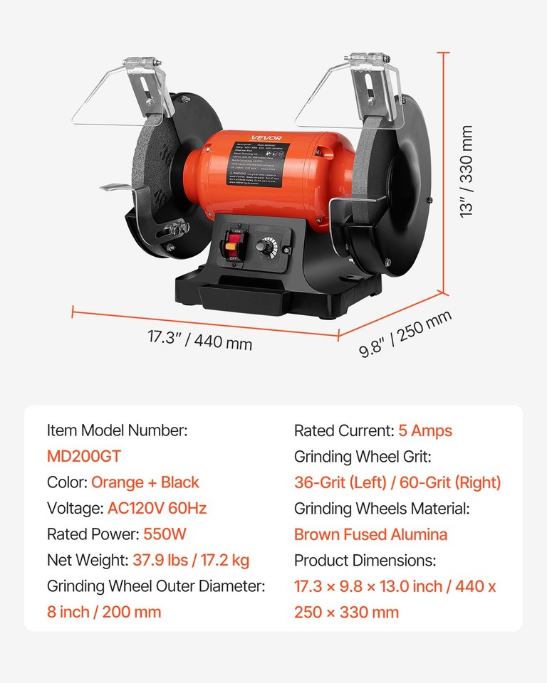VEVOR Bench Grinder 8-inch Variable Speed Table Grinders 2000-3450RPM ...