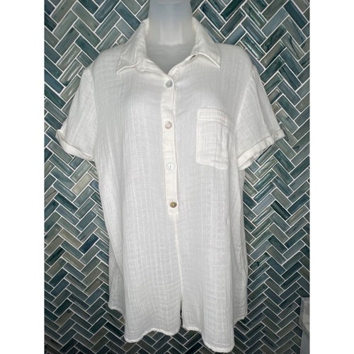 ROXY WHITE AIRY 1/2 BUTTON UP SHEER SHORT SLEEVE WOVEN FLOWY AIRY ...