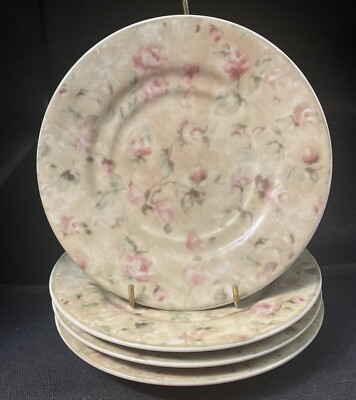 222 FIFTH PTS CHERI BLUM “SAVANNAH” PINK ROSES ON TAN 4 Bread Plates ...