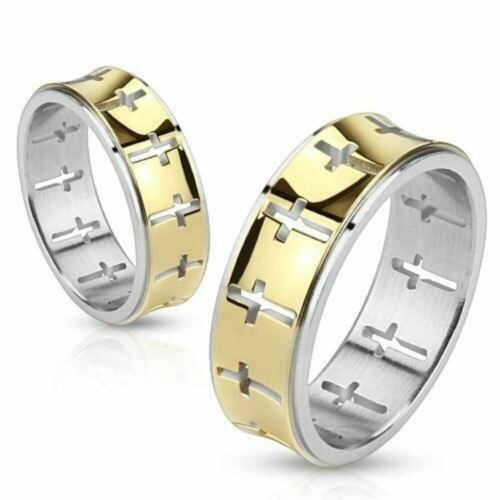 Stainless Steel Gold IP Die-Cut Cross Pattern Band Ring | eBay