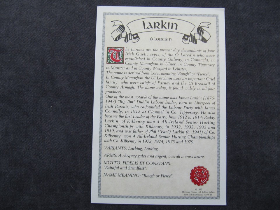 Postcard of Irish Name Larkin Coat of Arms, Family Crest, Gaelic name Ó ...
