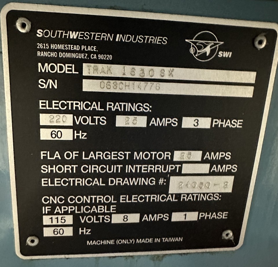 SWI Southwestern Industries TRL 1630SX TRAK Lathe ProtoTRAK SLX Control ...