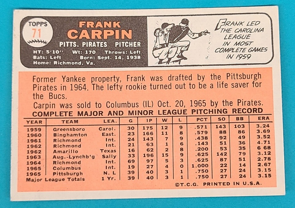 1966 Topps RC #71 Frank Carpin Pittsburgh Pirates BASEBALL Card Y7 | eBay