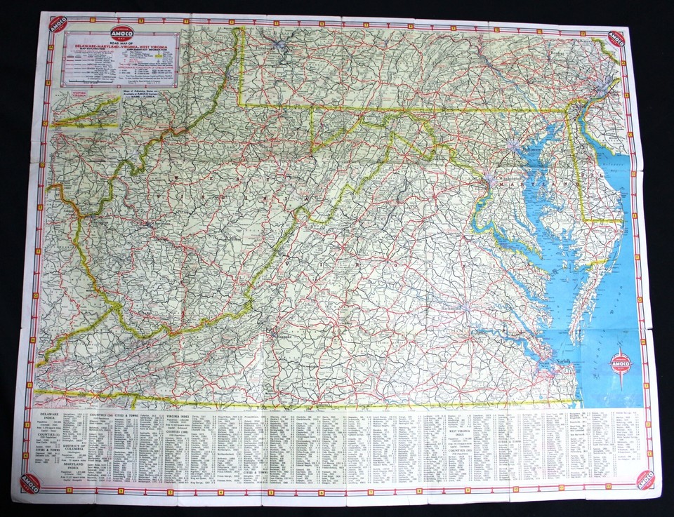 AMOCO OIL COMPANY MARYLAND VIRGINIA MID ATLANTIC HIGHWAY ROAD MAP 1934 ...