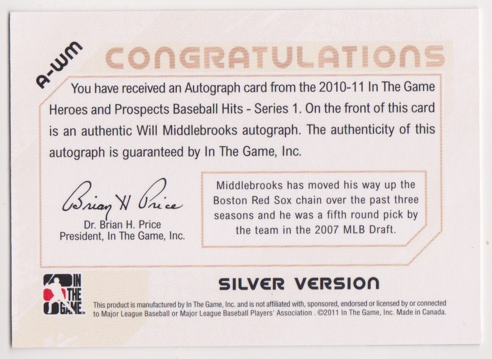 WILL MIDDLEBROOKS 2011 In the Game AUTO Heroes & Prospects Baseball ...