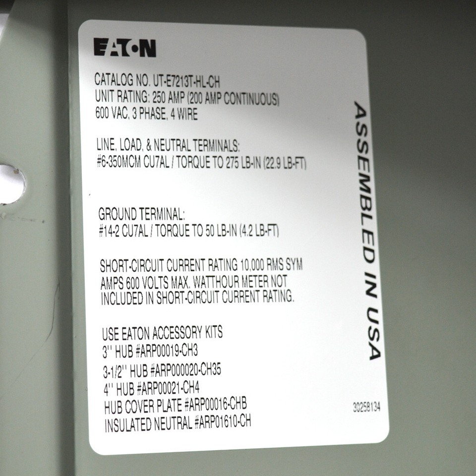 Eaton UT-E7213T-HL-CH Meter Base/Socket 3PH4W 600VAC 7-Jaw 200A w ...