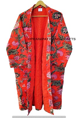 Indian Floral Orange Hippie Kantha Quilted Jacket Front Open Wear Mid ...