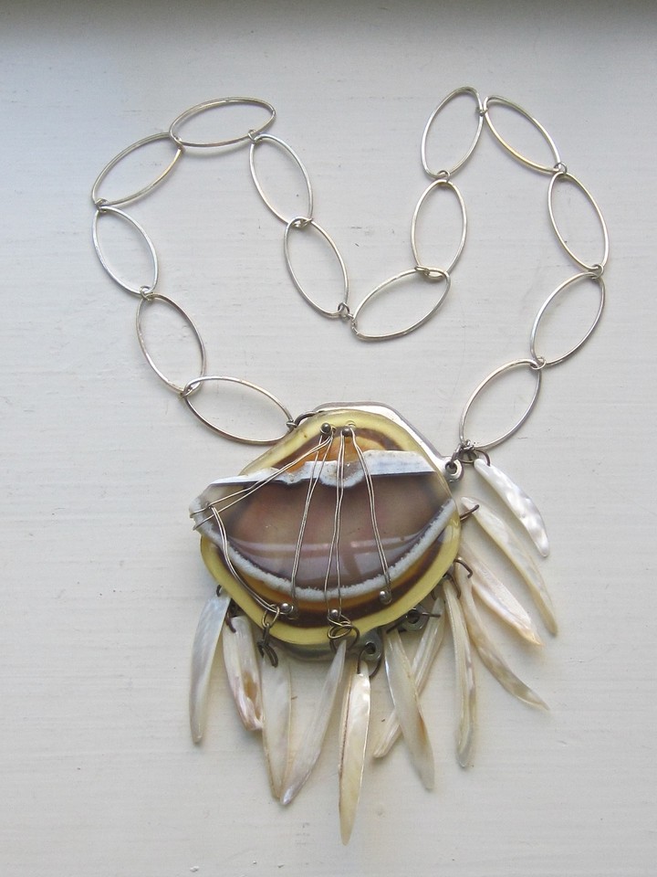 Chico's Necklace SILVERTONE Ring Chain W/ SHELL Pendant Native American ...