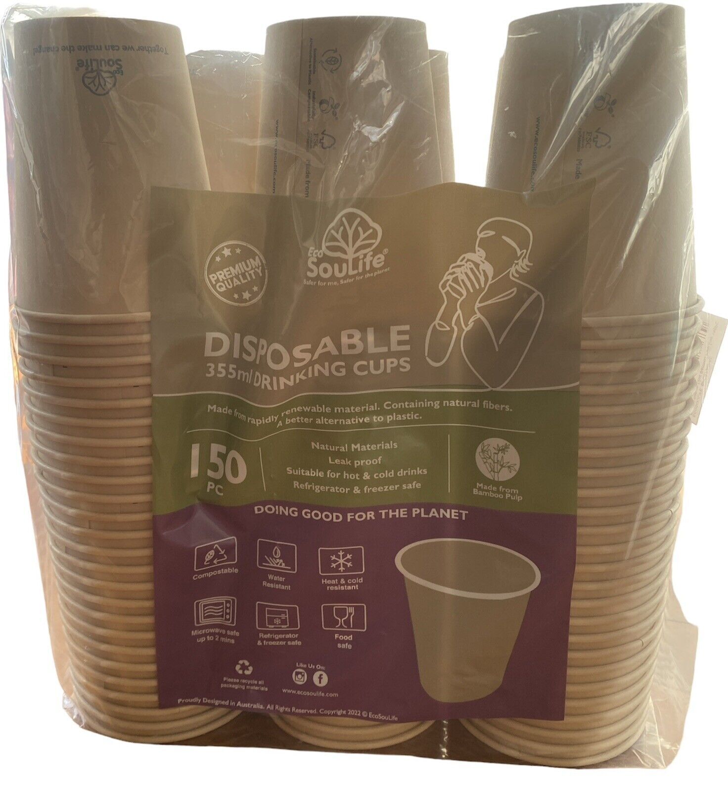 EcoSoulife Disposable 355ml Drinking Cups - 150PC Pack - Made From ...