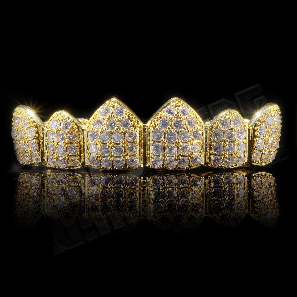 18K Gold Plated Top Bottom GRILLZ CZ Cluster Custom Slugs Mouth Teeth ...