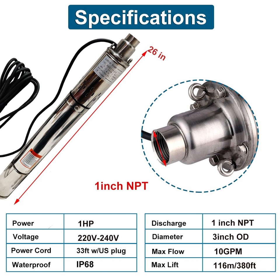 1HP 3" Deep Well Submersible Pump Screw Water Pump 380FT Hmax 10GPM ...