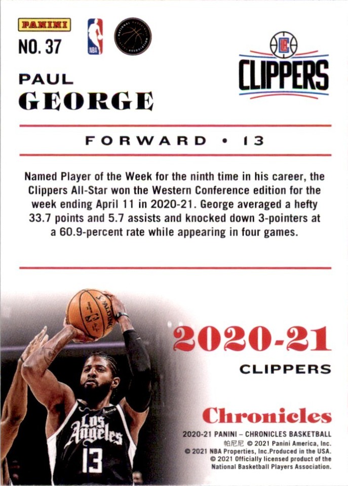 2020-21 Panini Chronicles Paul George Rookie Los Angeles Clippers #37 ...