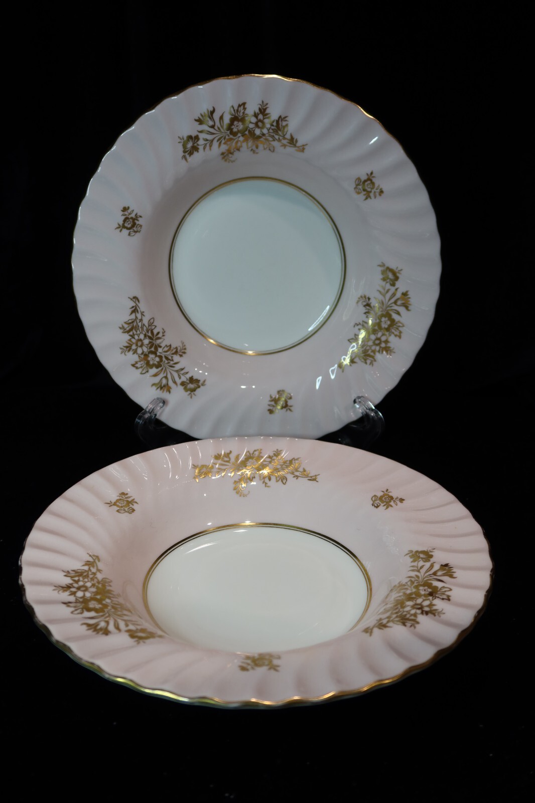 MINTON MINUET PINK SWIRL BORDER GOLD ENCRUSTED FLOWERS 2 RIMMED SOUP ...