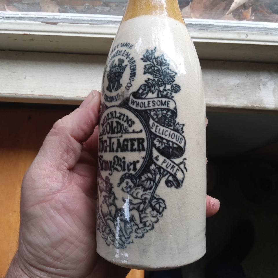 1890s MOERLEIN'S OLD JUG LAGER KRUG BIER STONEWARE PRE PRO CINCI BEER ...