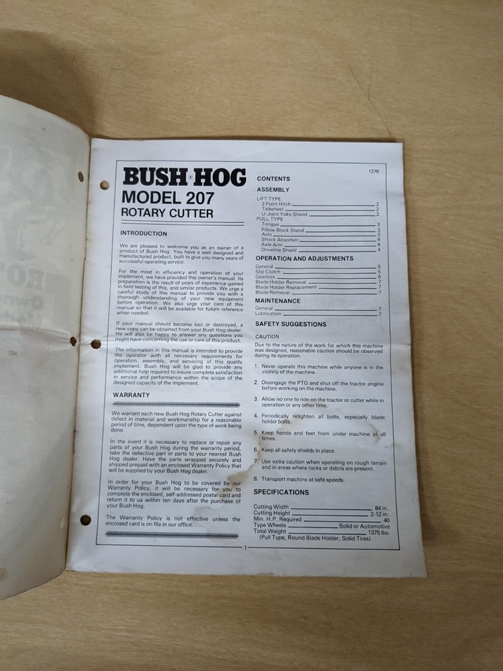 Bush Hog Model 207 Rotary Cutter Operator's Manual | eBay