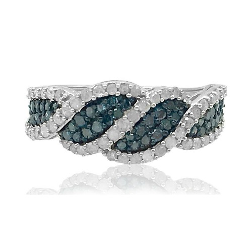 1.23 Ct Round Cut Natural Blue White Diamond Wave Band Ring 925 ...