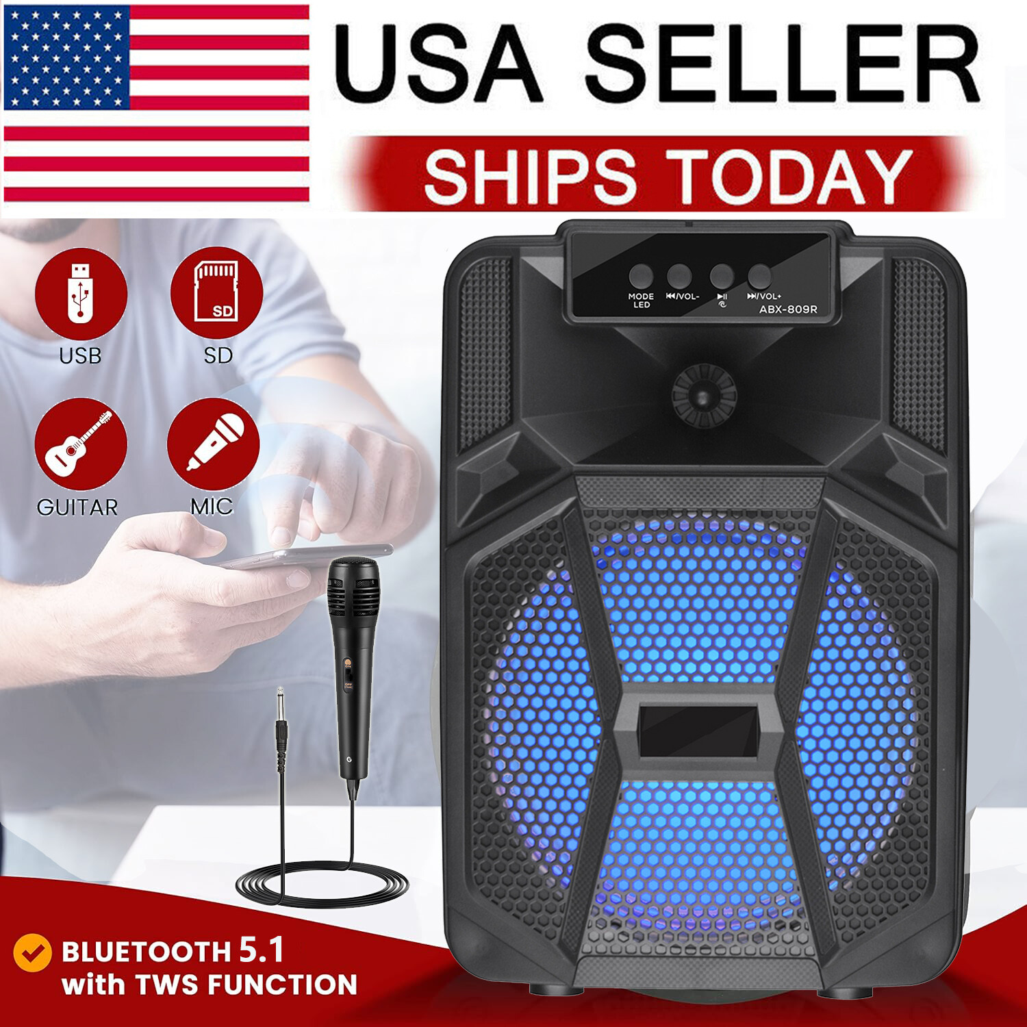 Portable Bluetooth Speaker 8" Woofer Heavy Bass Sound System & Mic ...